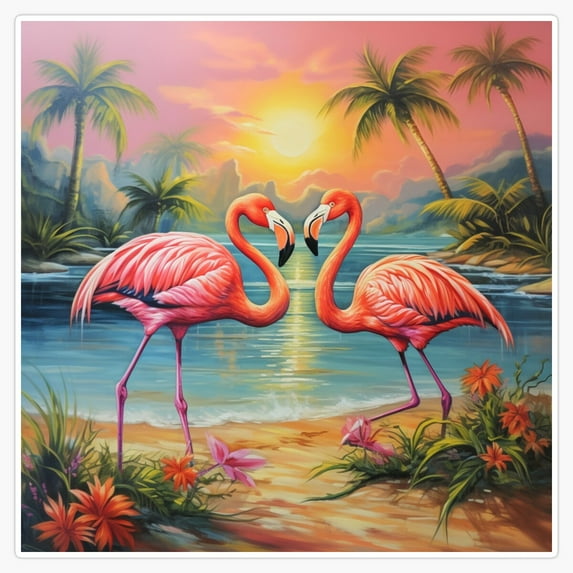 DOPASTICKER Pink Flamingos On A Beautiful Island Sticker, Phone Sticker ...
