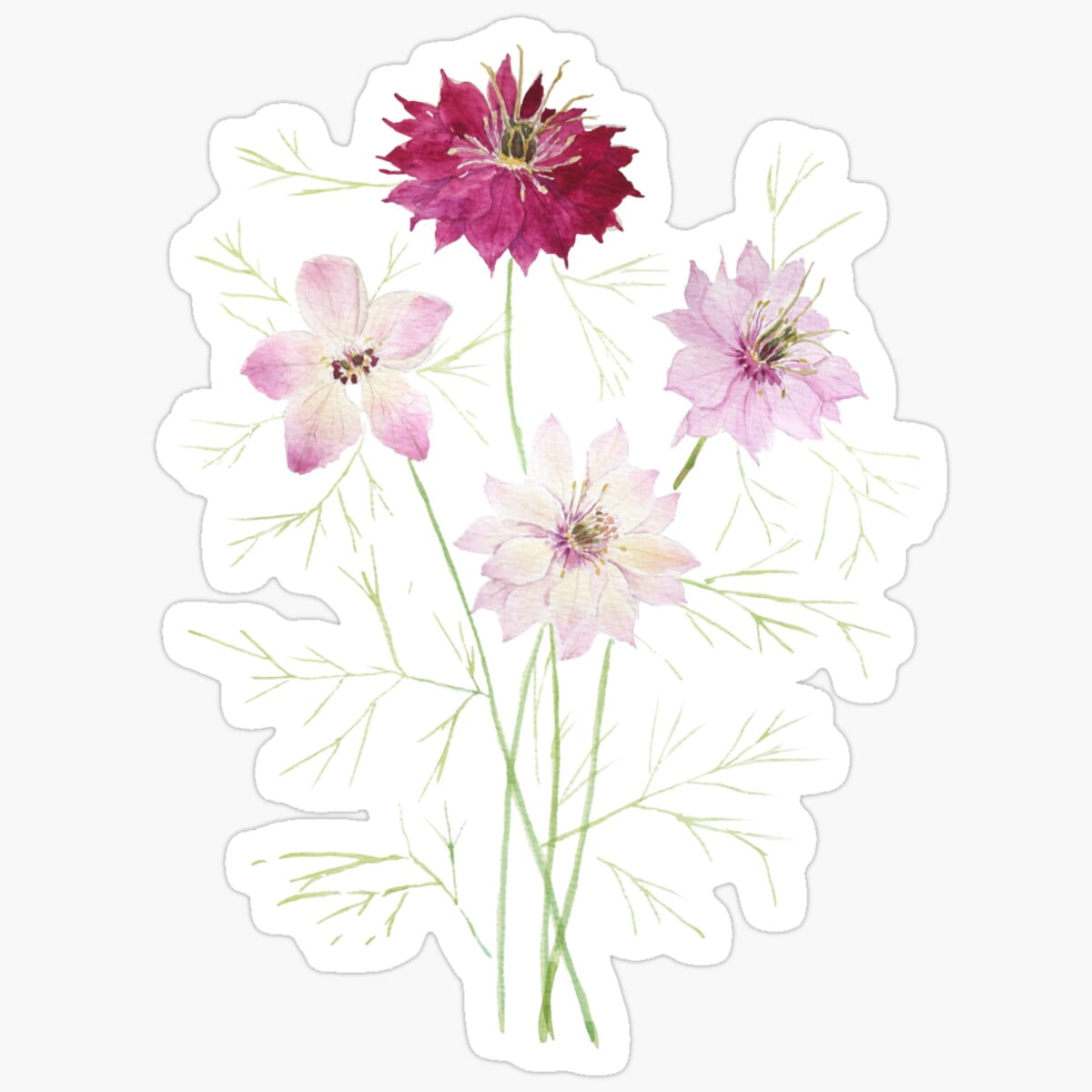 DOPASTICKER Pink Magenta Nigella Flowers Wildflowers Watercolor Sticker ...