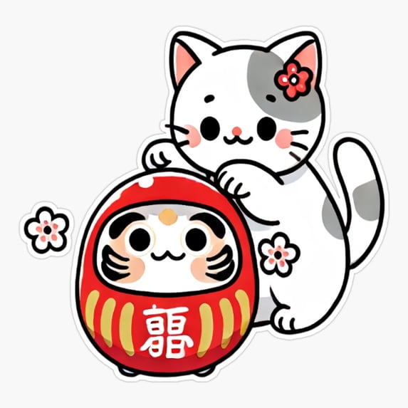 DOPASTICKER Playful Cat And Japanese Daruma Sticker, Phone Sticker Car ...