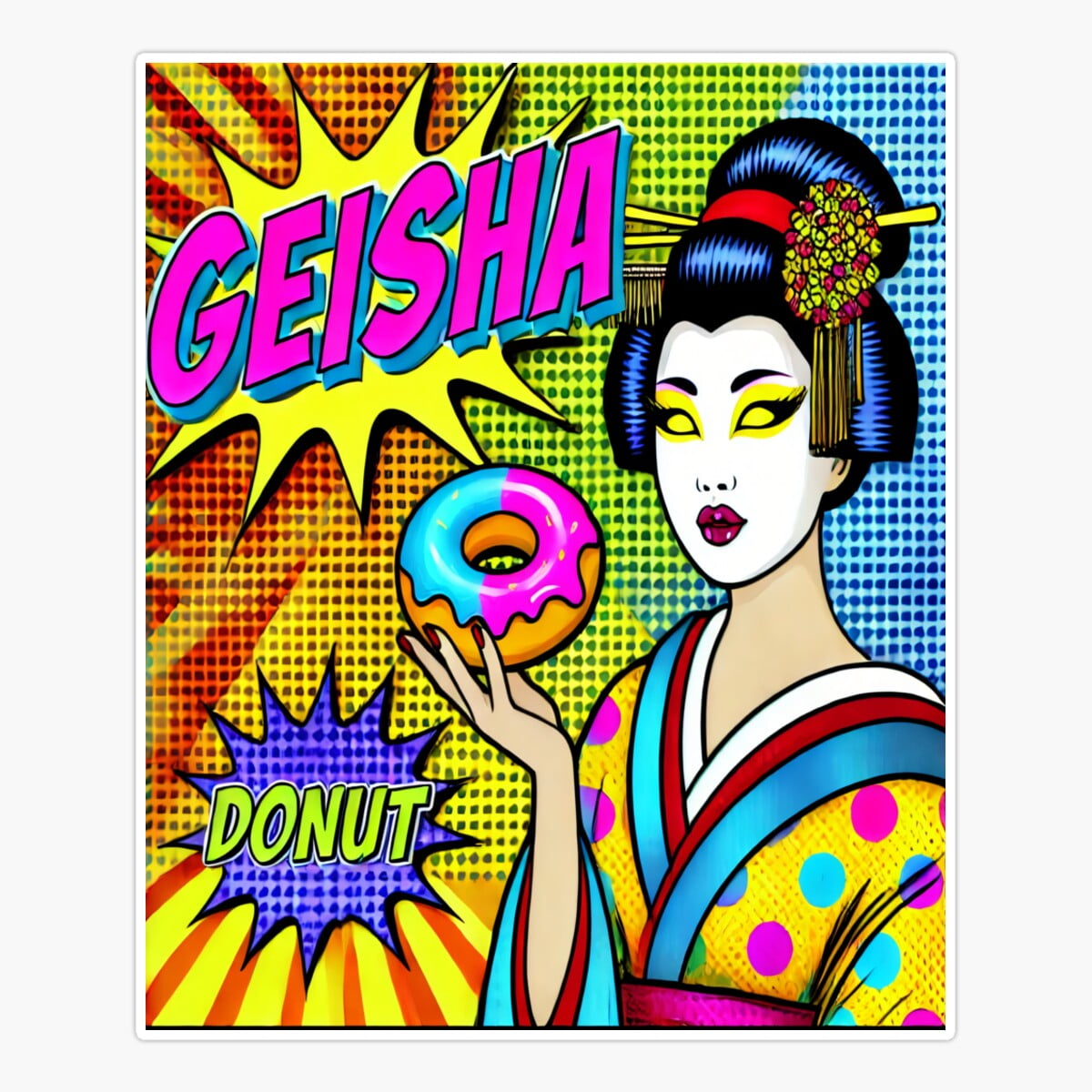 DOPASTICKER Pop Art Geisha With Donut, Vibrant Japanese Sticker, Phone ...