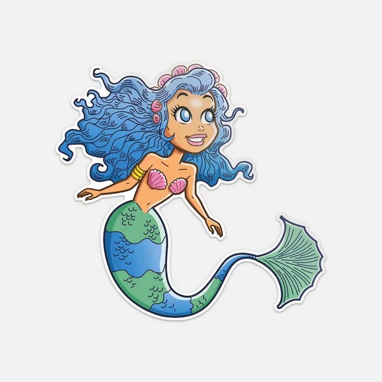DOPASTICKER Pretty Cartoon Mermaid Blue Hair Sticker Decal Phone Decal ...