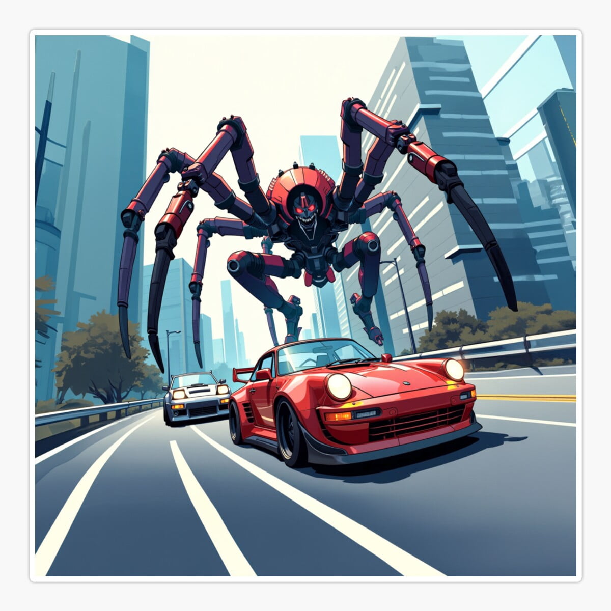 DOPASTICKER Race Cars Drifting Past A Giant Spider Robot - Car Culture ...