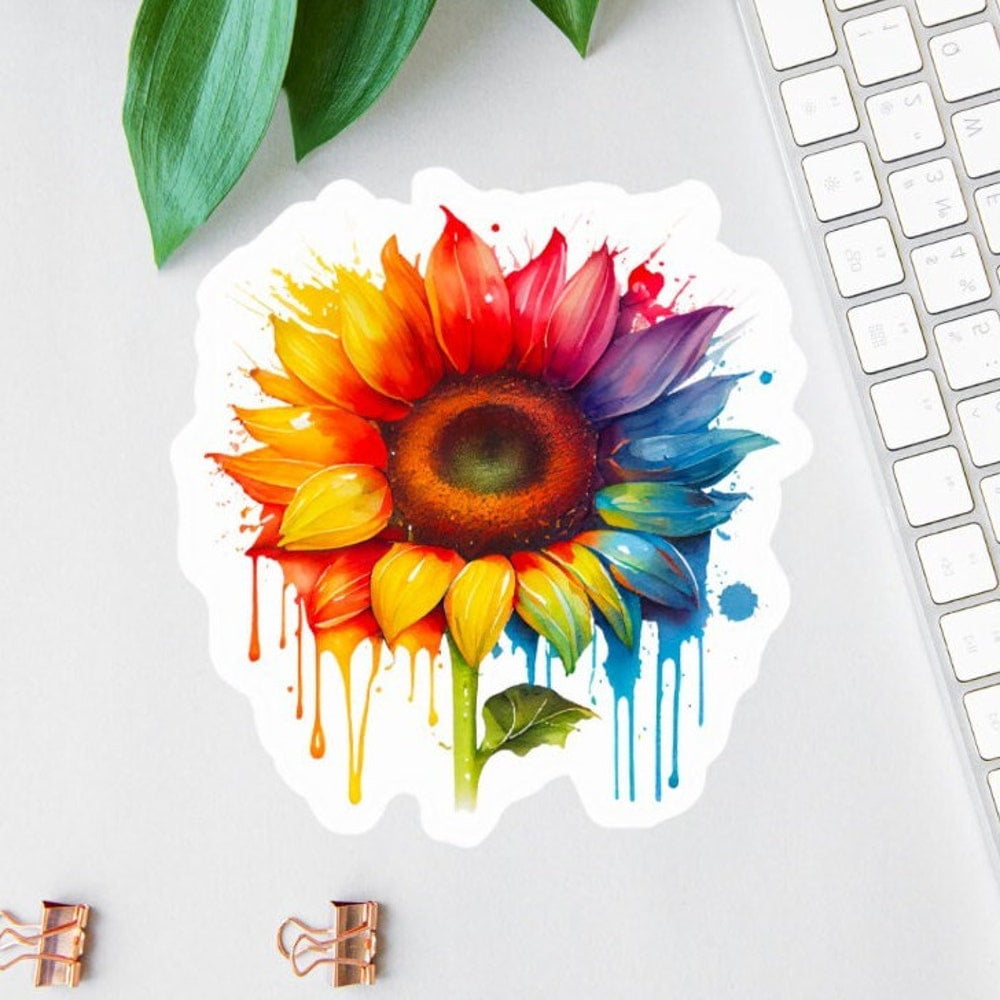 DOPASTICKER Rainbow Sunflower Sticker, Watercolor Flower Label, Clear ...