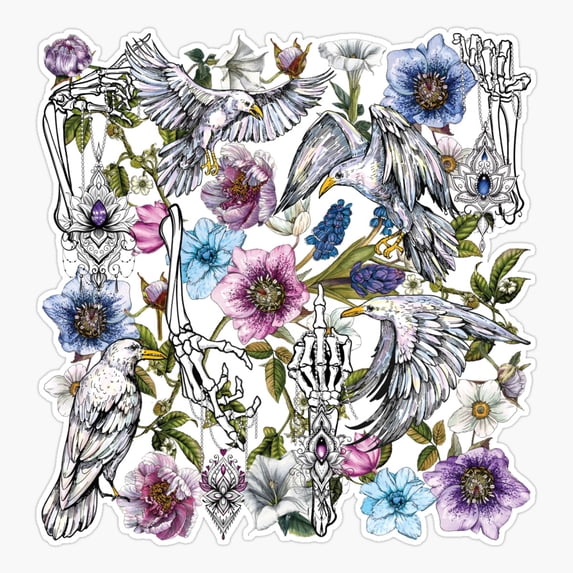 DOPASTICKER Raven Bird Floral Skeleton From Heaven Sticker, Phone ...
