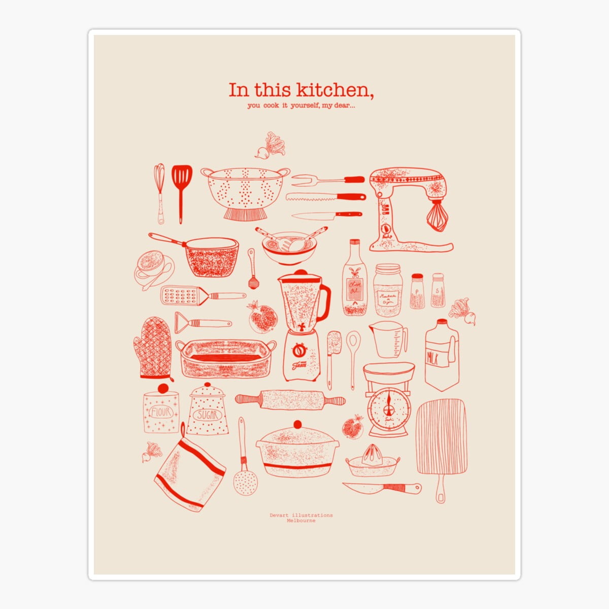 DOPASTICKER Retro Kitchen Cooking Utensils Line Print In Red Sticker ...