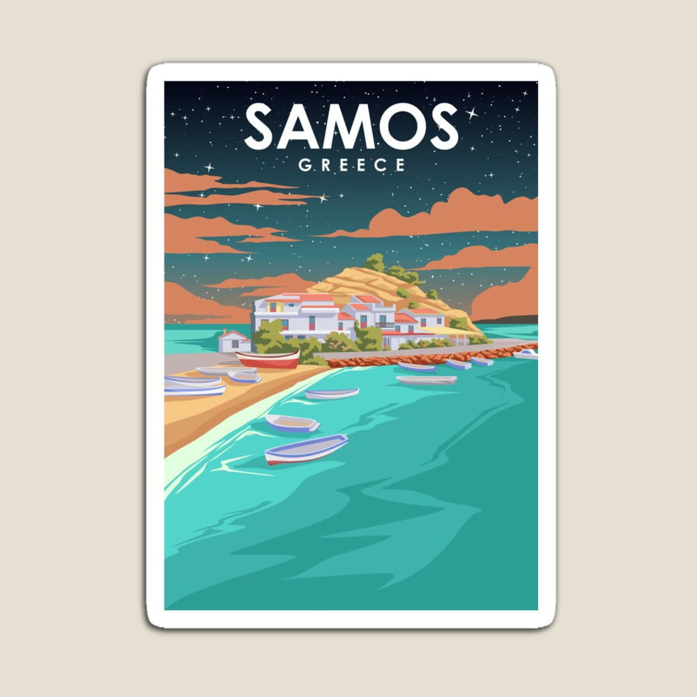 DOPASTICKER Samos Greece Minimal Retro Greek Travel Poster At Night ...