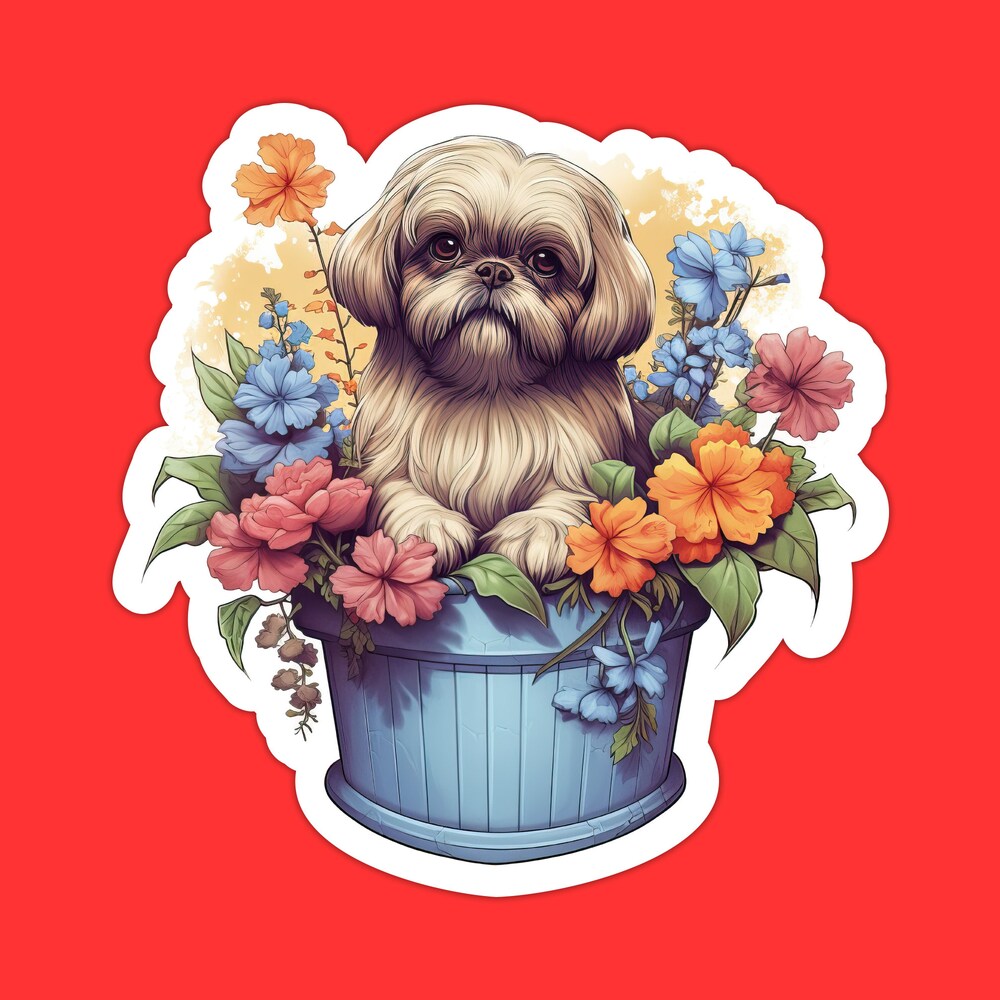 DOPASTICKER Shih Tzu Dog Sticker, Shih Tzu Dog, Blue Hydrangeas Pink ...