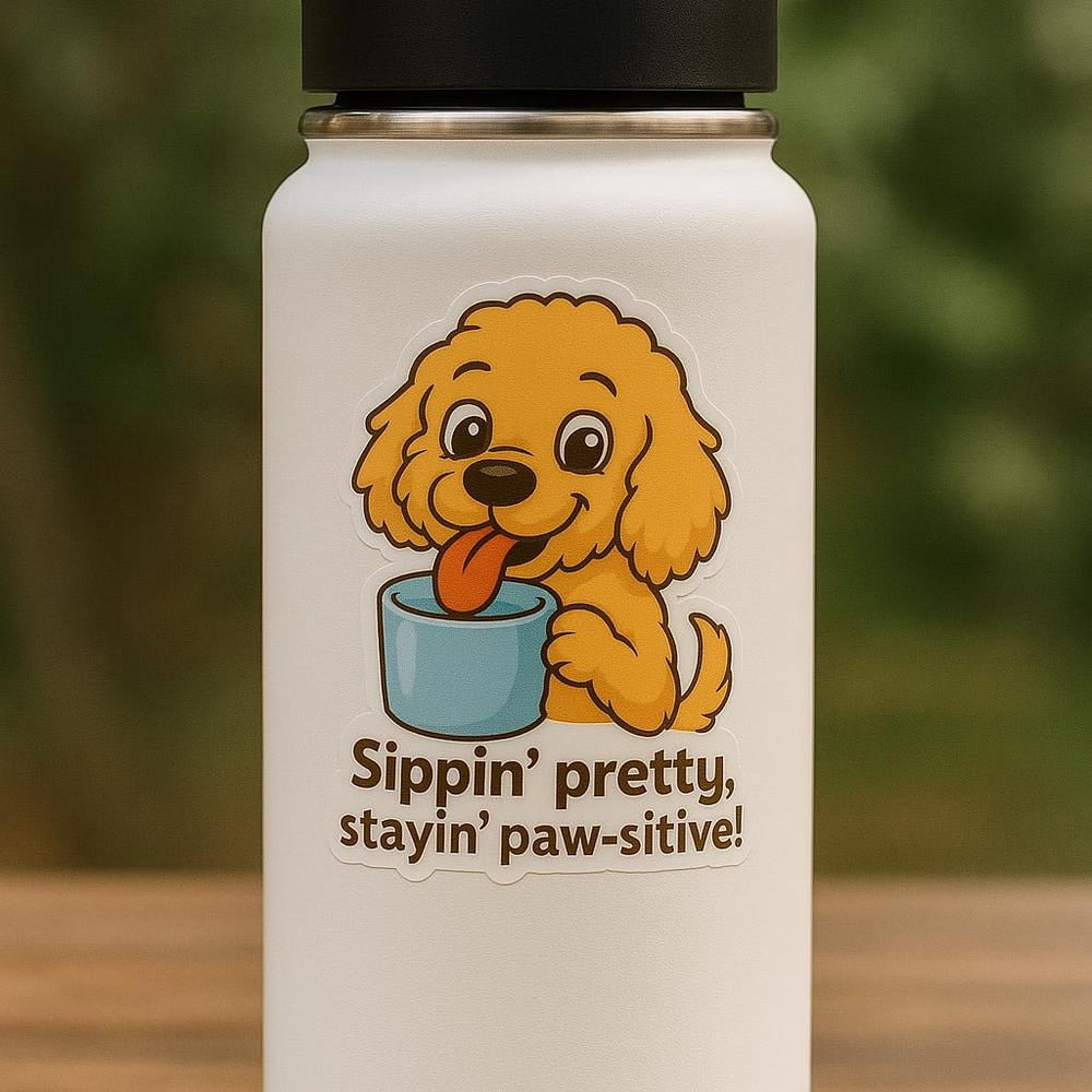 DOPASTICKER Sippin Pretty, Stayin Pawsitive! Golden Doodle Sticker ...