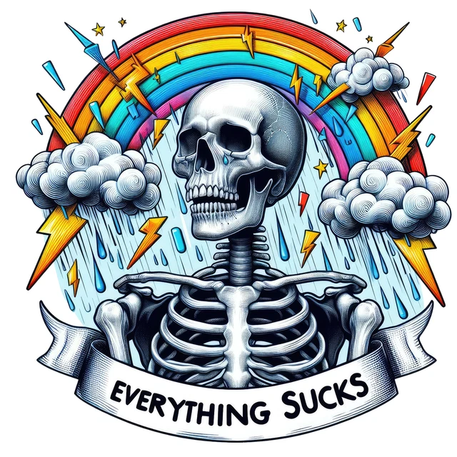 DOPASTICKER Skeleton Goth Sticker Quote Everything Sucks Rainbow Storms ...