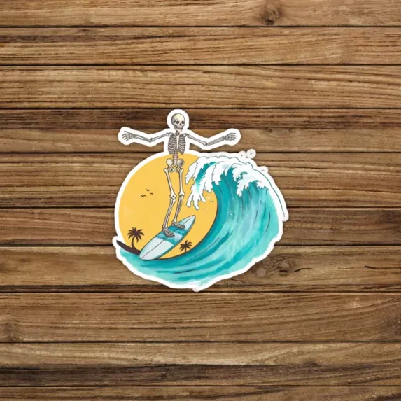 DOPASTICKER Skeleton Surfer Riding Wave Sticker - Tropical Sunset Beach ...