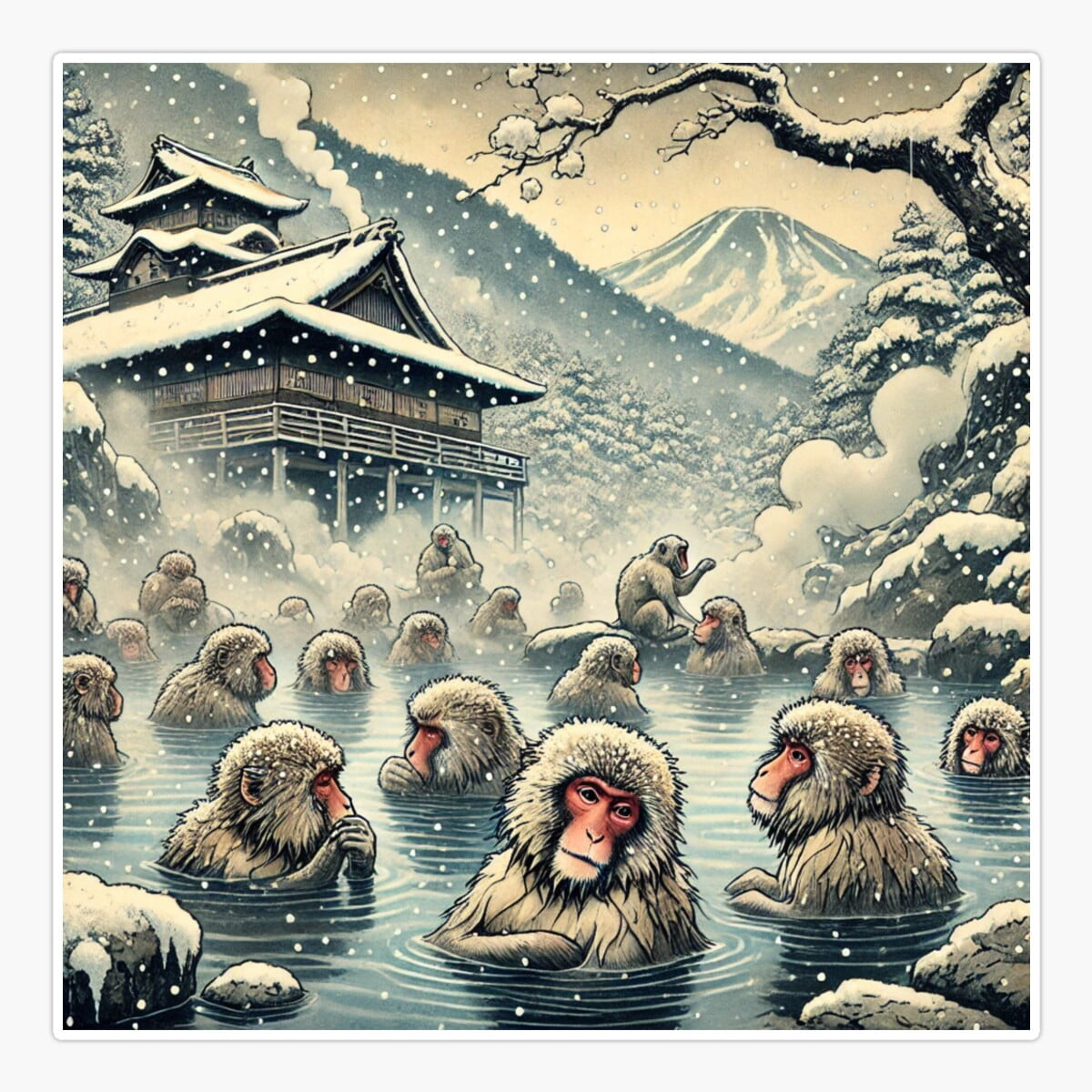 DOPASTICKER Snow Monkeys In A Winter Onsen Sticker, Phone Sticker Car ...