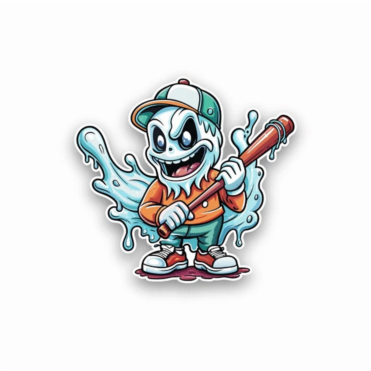DOPASTICKER Spooky Cartoon Ghost With Baseball Bat Hal.Low.Een Sticker ...