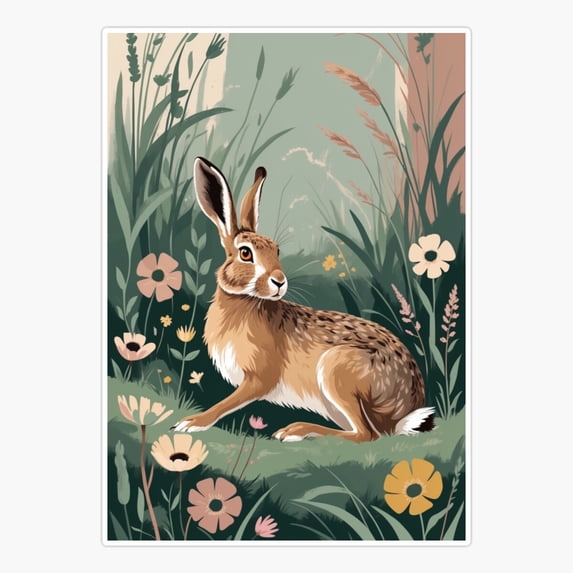 DOPASTICKER Spring Meadow Hare Illustration Vibrant Wild Rabbit Art ...