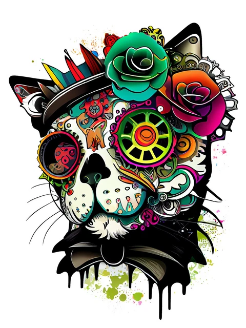 DOPASTICKER Steampunk Cat Sticker Colorful Kitten Gears Machine Street ...