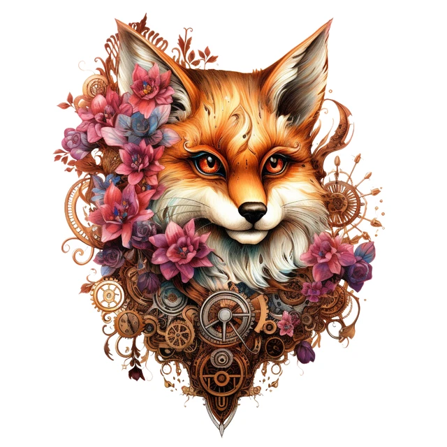 DOPASTICKER Steampunk Fox Flower Sticker Clockwork Gear Science Fiction ...