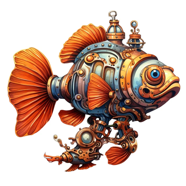 DOPASTICKER Steampunk Gold Fish Sticker Clockwork Gears Science Fiction Industrial Diesel Phone ...