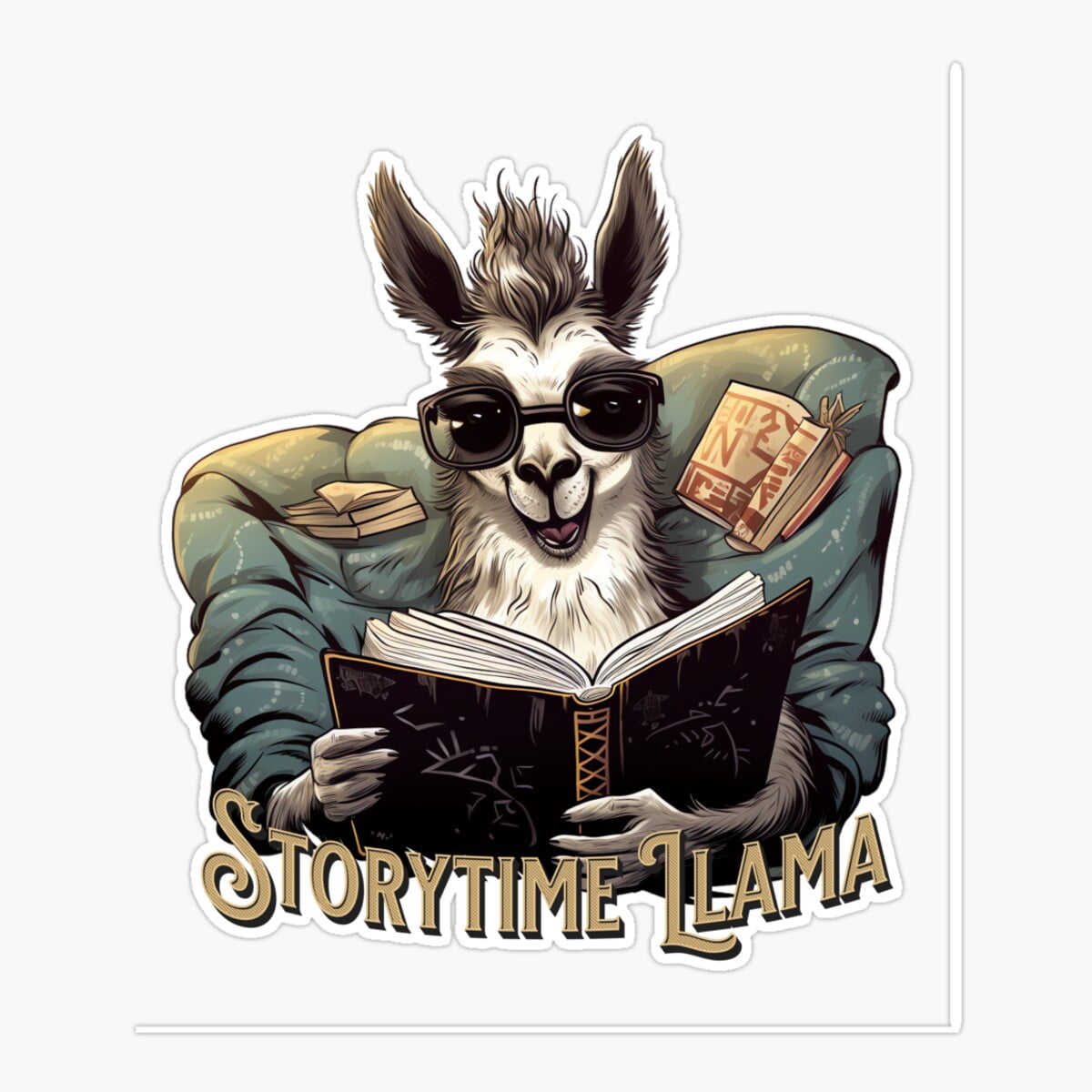DOPASTICKER Storytime Llama - Graphic Illustration O Llama Reading A ...