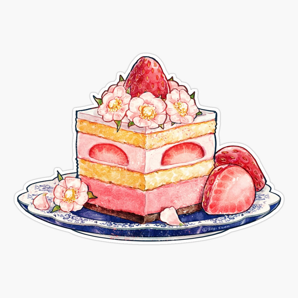 DOPASTICKER Strawberry Tea Cake With Blossoms Sticker, Phone Sticker ...