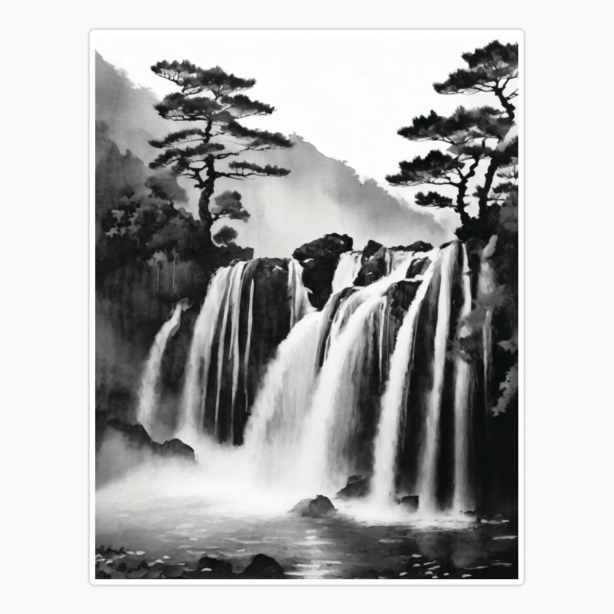 DOPASTICKER Sumi-E Waterfall Forest Mountains Sticker, Phone Sticker ...