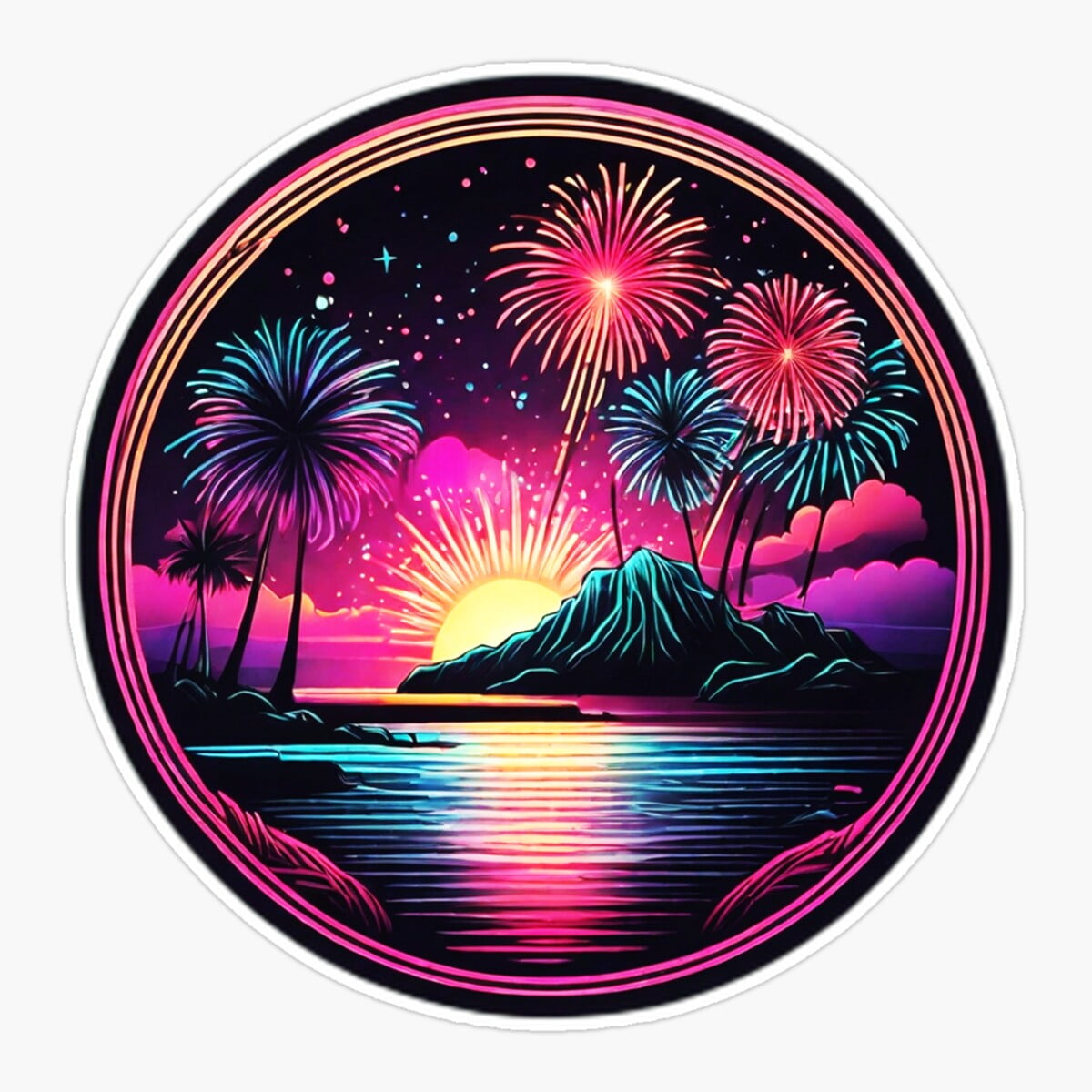 DOPASTICKER Summer Fireworks Show At Dawn In Hawaii By The Ocean ...