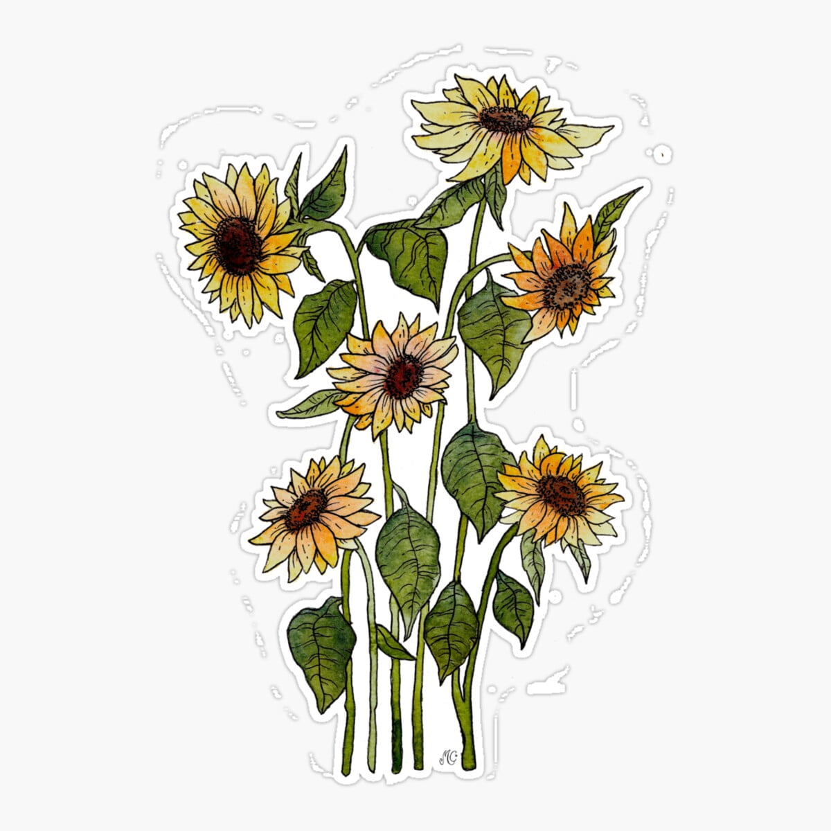DOPASTICKER Sunflowers Botanical Illustration Sticker, Phone Sticker ...