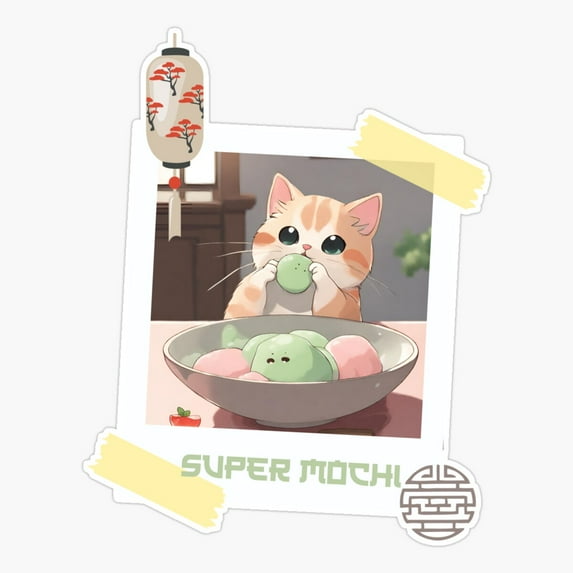 DOPASTICKER Super Cute And Adorable Cat Eating Mochi Japan Kawaii Beige ...