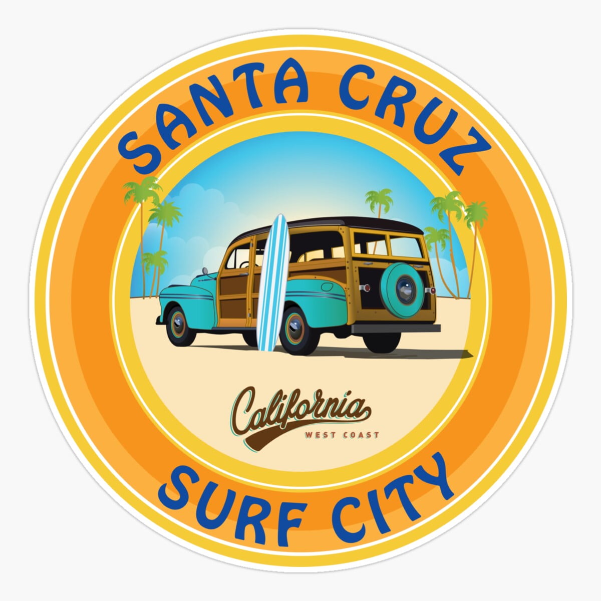 DOPASTICKER Surf City Jolly Man Cruz Logo With Woodie On The Beach ...