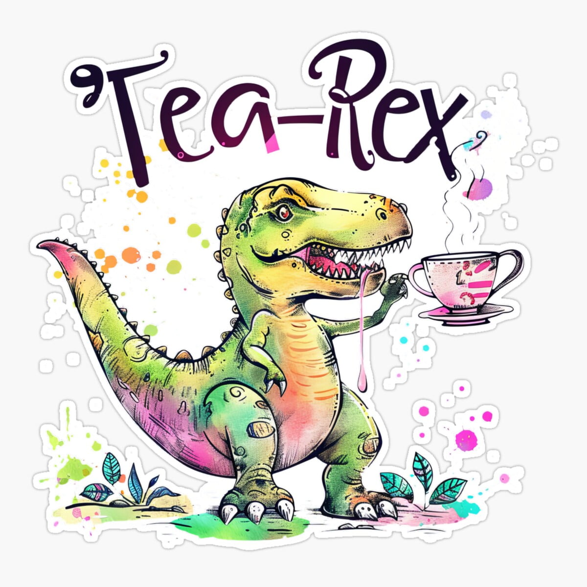 DOPASTICKER Tea-Rex Enjoying A Cup Of Tea Sticker, Phone Sticker Car ...