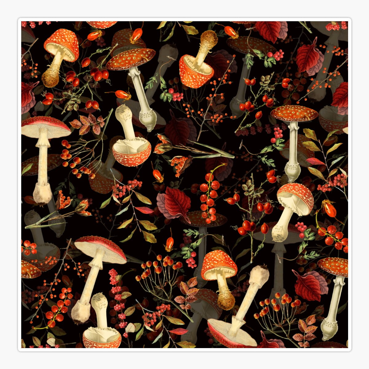 DOPASTICKER Thanksgiving Red Mushrooms Harvest Botanical Night Garden ...