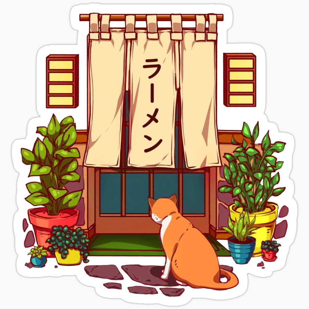 DOPASTICKER The Red Cat And The Japanese Ramen Shop Sticker Phone Decal ...
