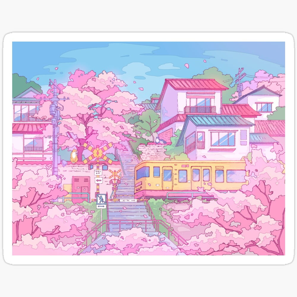 DOPASTICKER Tokyo, Train And Pink Cherry Blossom Sticker Phone Decal ...