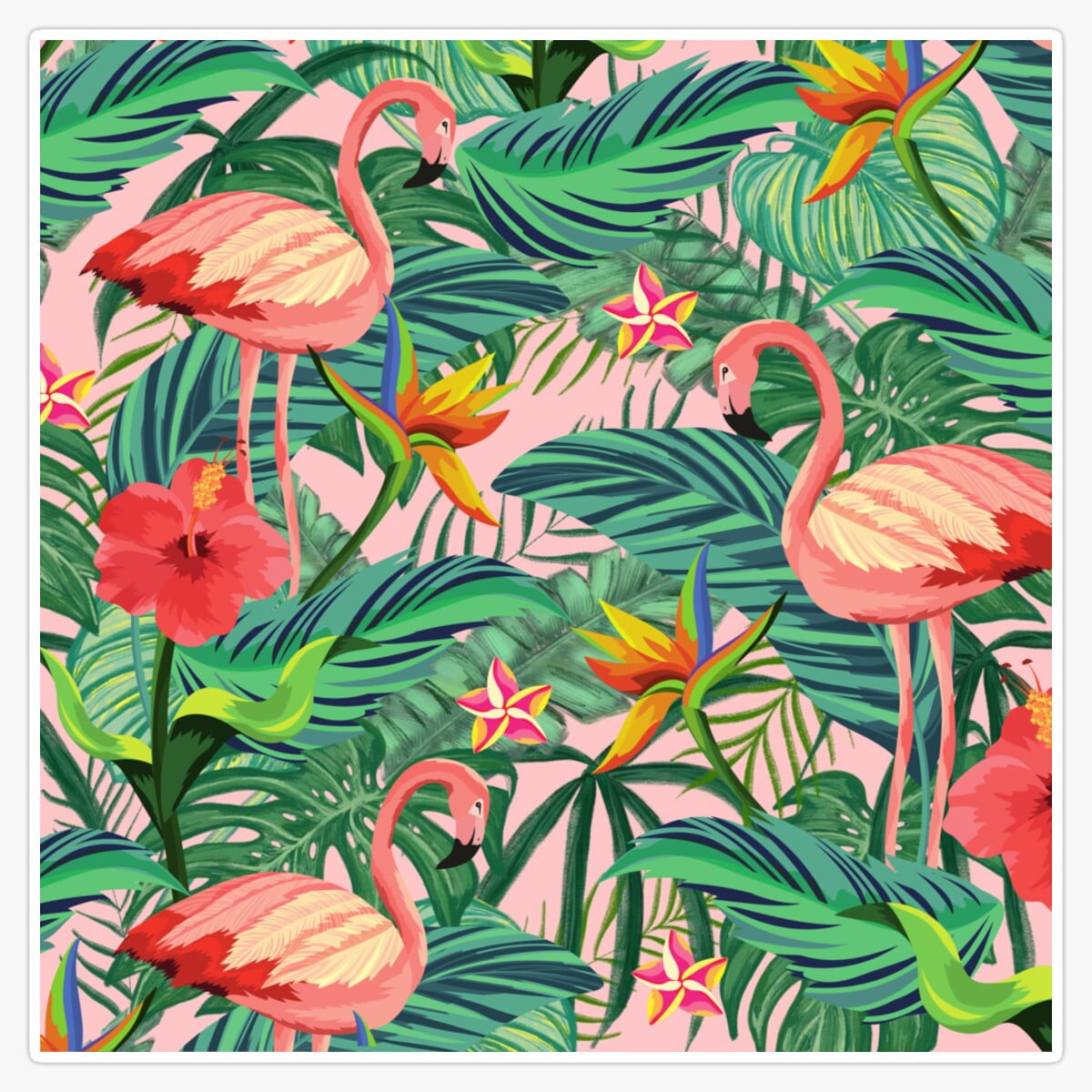 DOPASTICKER Tropical Exotic Pink Flamingo Palm Tree Leaves, Tropical ...
