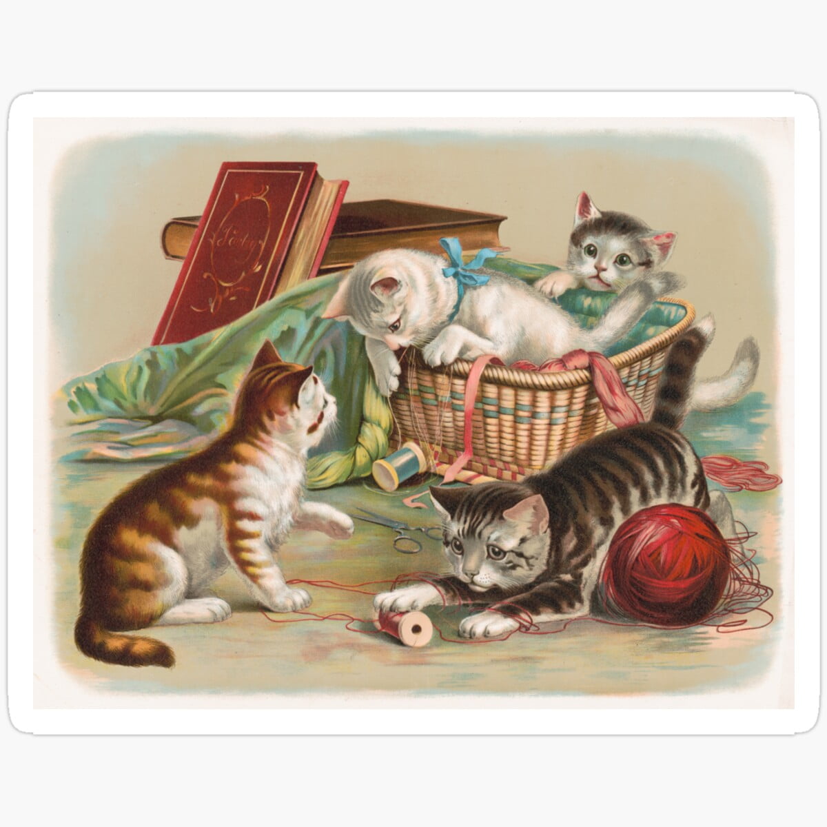 DOPASTICKER Vintage Kitten Illustration, 1800S Sticker Waterproof ...