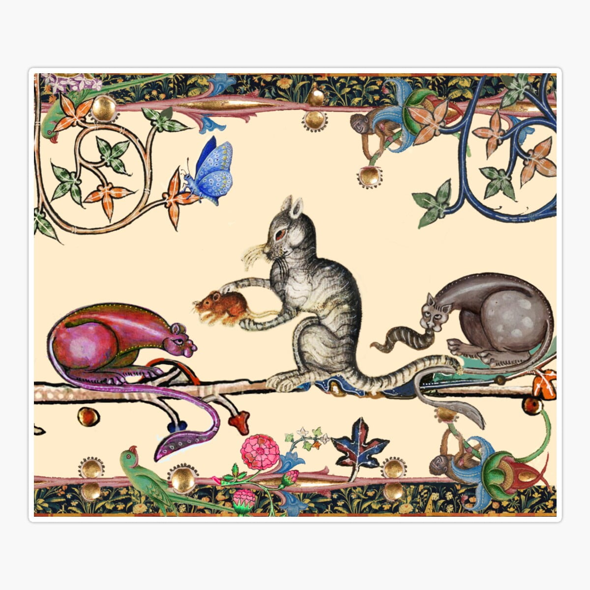 DOPASTICKER Weird Medieval Bestiary Three Hunter Cats And Mouse Sticker ...