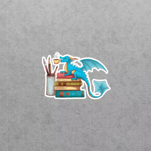 DOPASTICKER Whimsical Blue Dragon On Books Watercolor Sticker - Fantasy ...