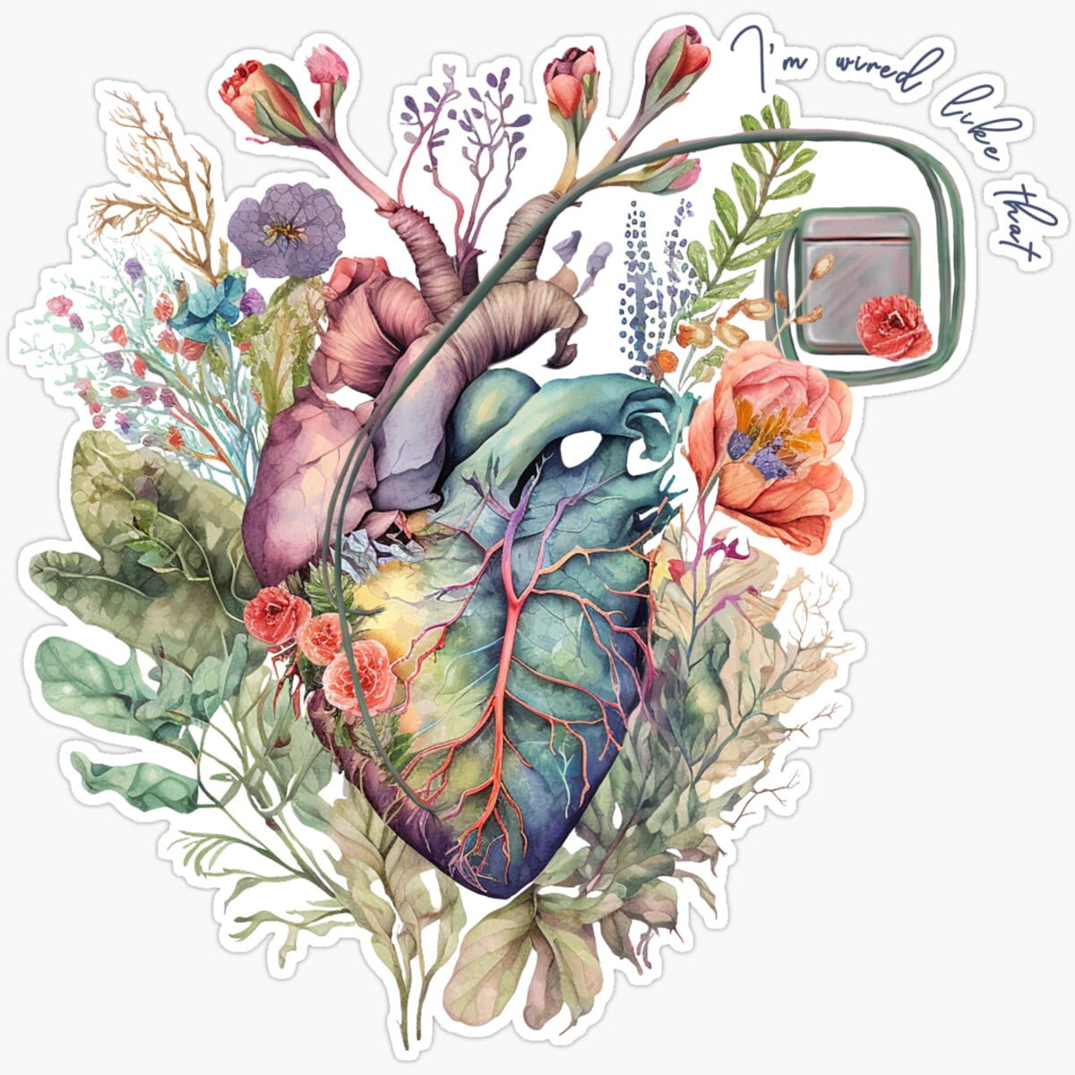 DOPASTICKER I'M Wired Like That - Pacemaker And Anatomy Botanical Heart Sticker Decorative ...