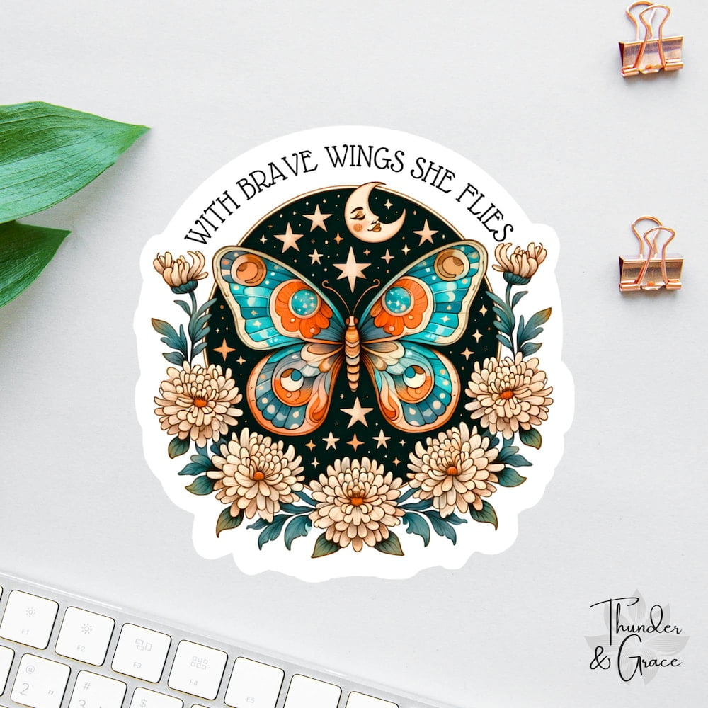 DOPASTICKER With Brave Wings She Flies, Boho Floral Butterfly Sticker ...