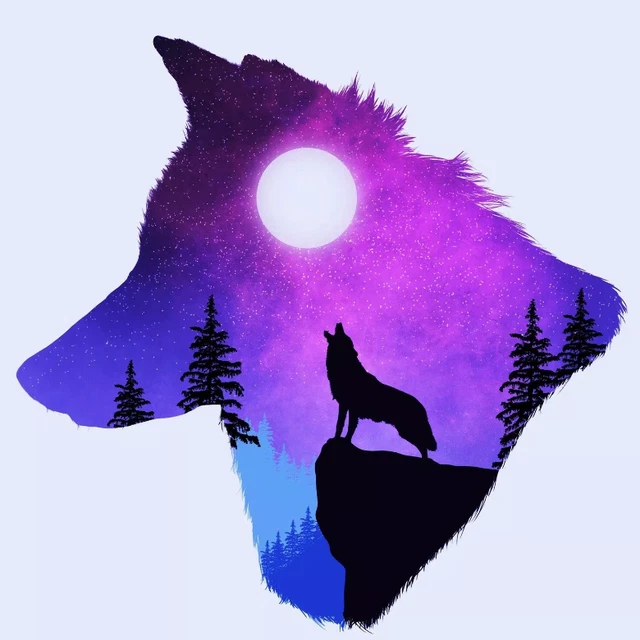 DOPASTICKER Wolf Head Sticker Howling At The Moon Forest Purple Sky ...
