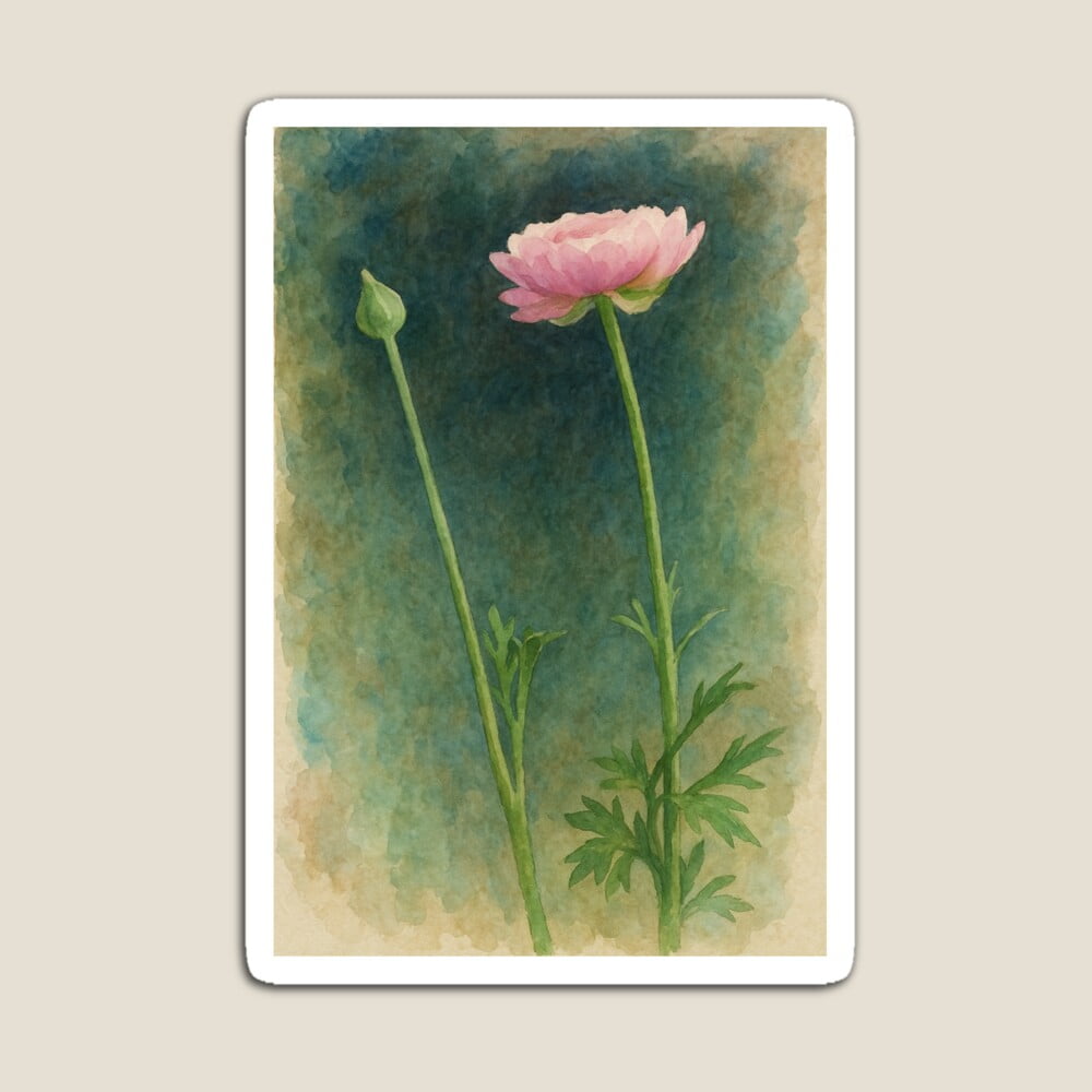 DOPASTICKER Wrcolor Bloom: Pink Ranunculus And Bud On Artistic Paper ...