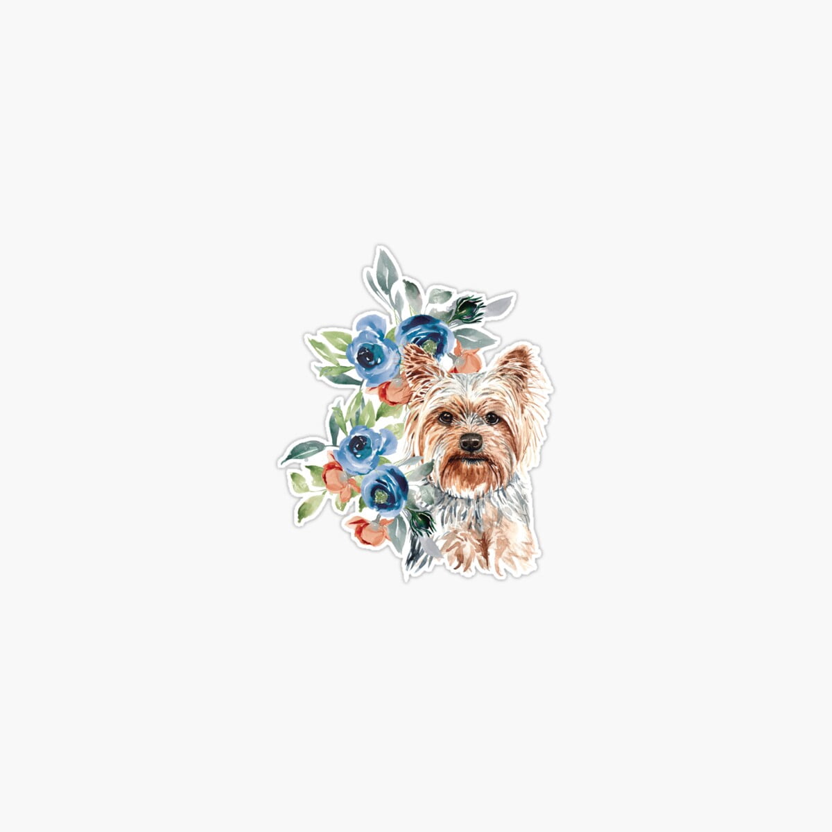 DOPASTICKER Yorkshire Terrier With Blue Flowers Sticker, Phone Sticker ...