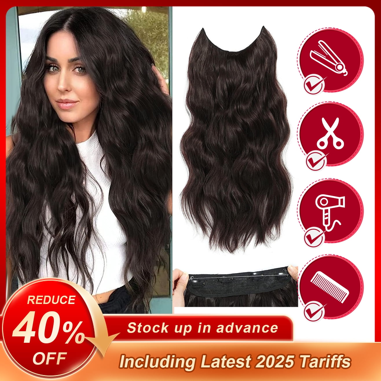 DOPI 20 Inch Medium Brown Hair Extensions Adjustable Long Wavy Hair ...