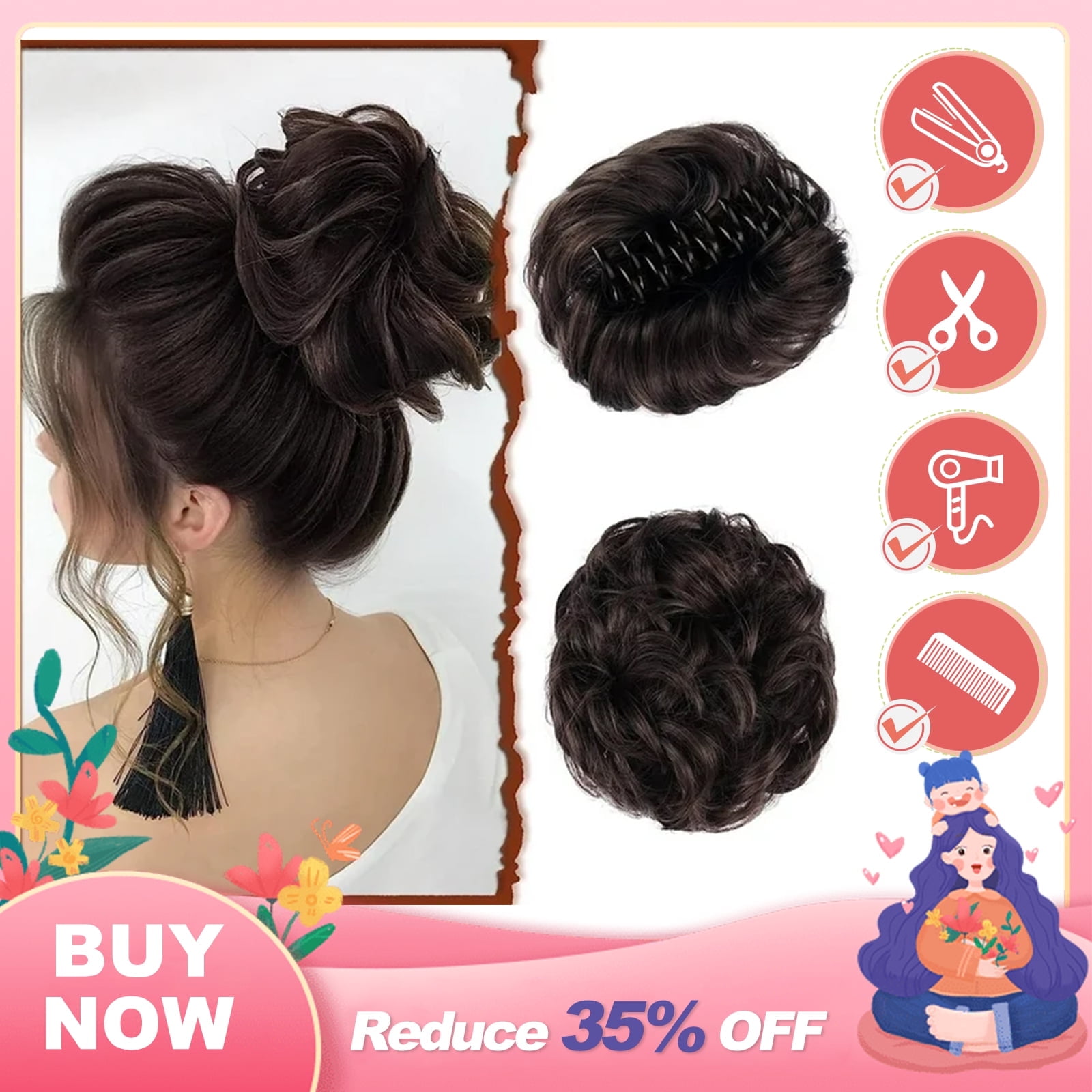 DOPI Claw Clip Messy Bun Hair Piece Wavy Curly Hair Bun Clip in Claw ...