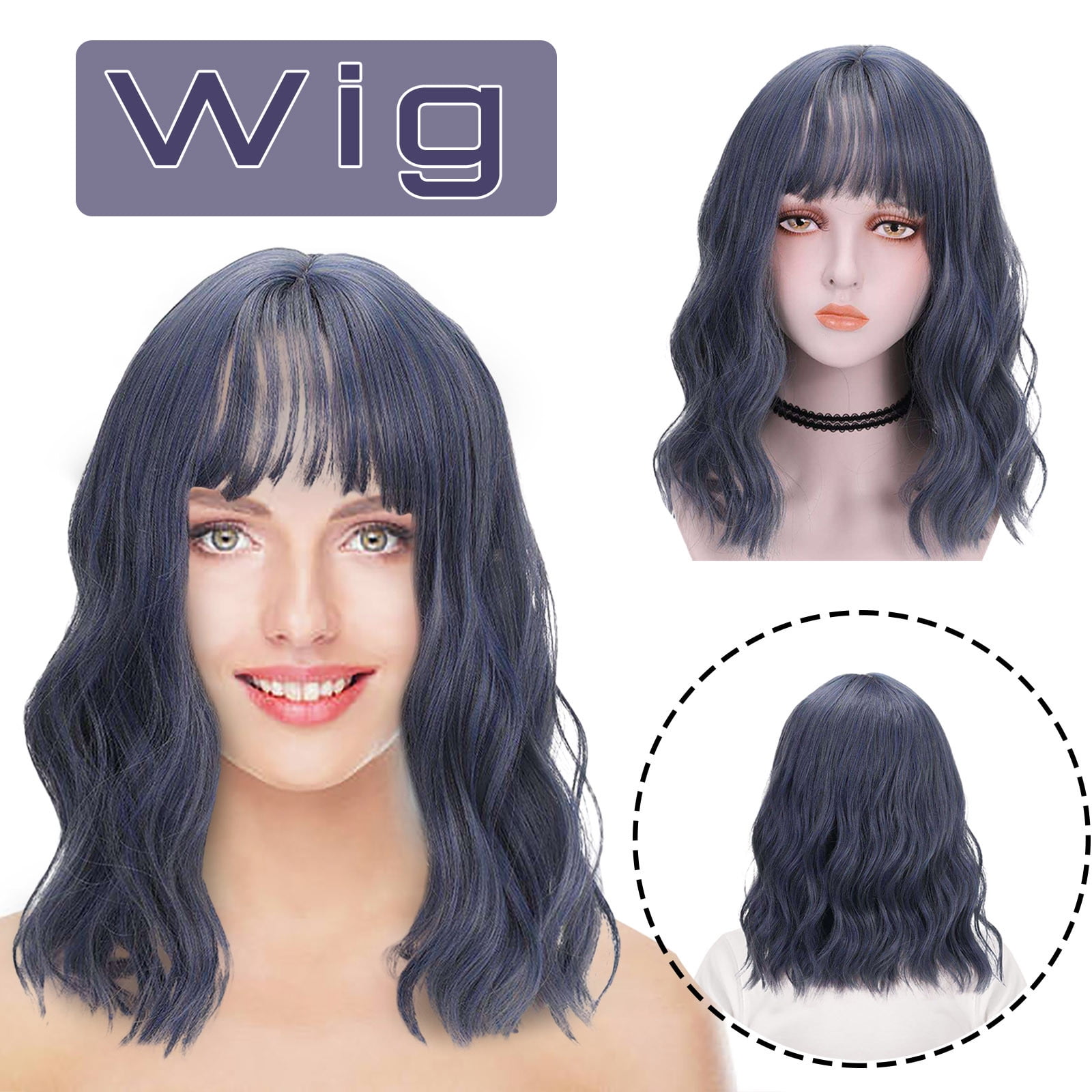 DOPI Elegant Off Blue Wig With Bangs Bob Short Curly Wigs for Women ...