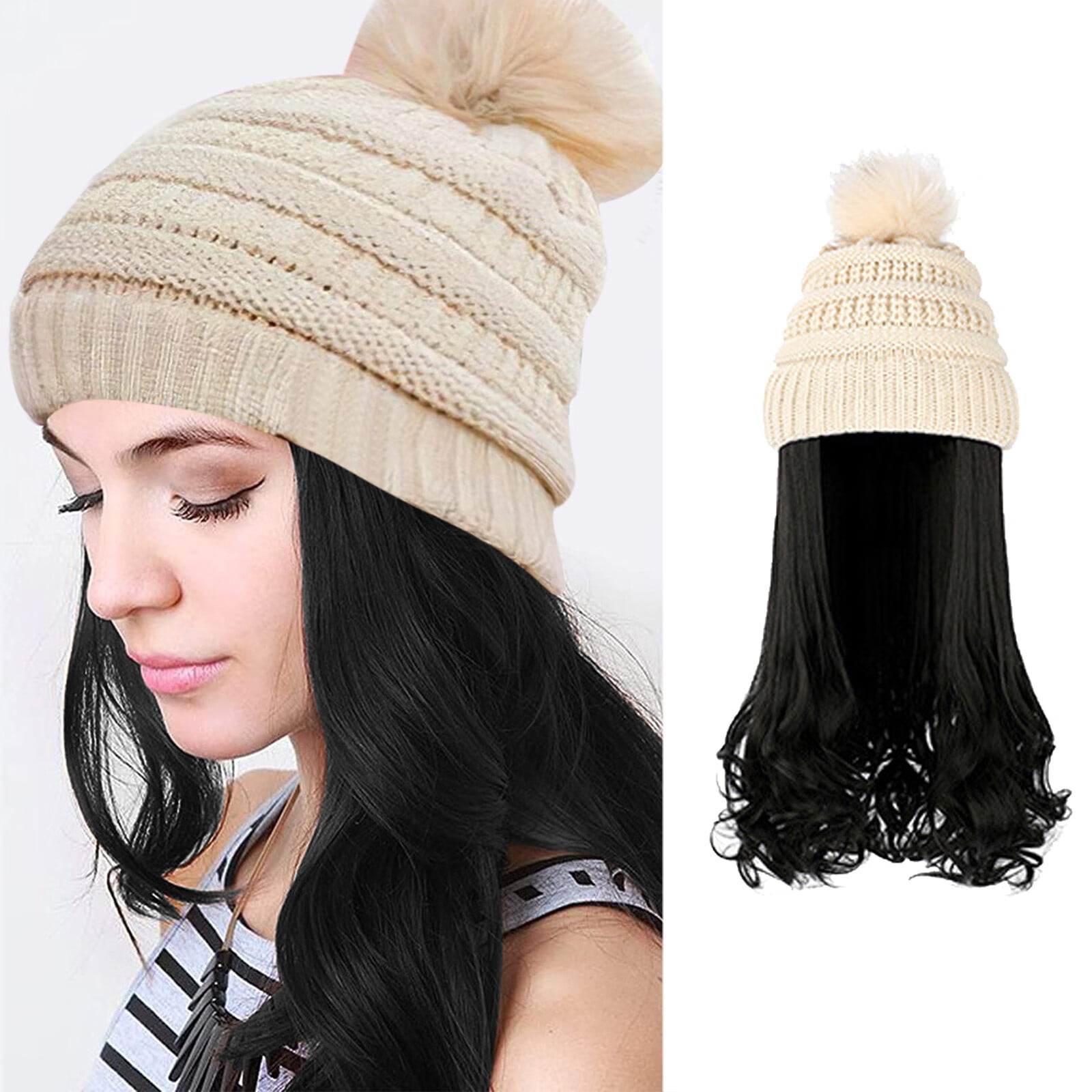 DOPI Fashion Long Curly Hair Hat Wig One Knit Hat Wool Curl Corn Perm ...