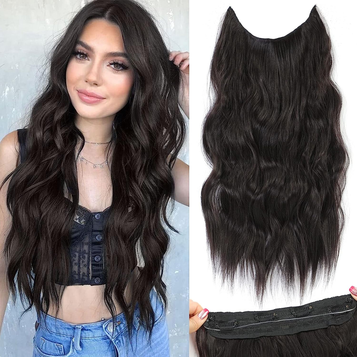 DOPI Hair Extensions 20 Inch Invisible Wire Medium Brown Hair ...