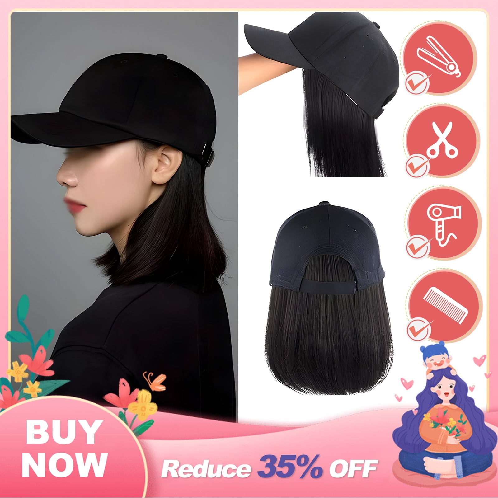 DOPI Human Hair Wigs For Women Black Color Natural Hair Baseball Cap ...