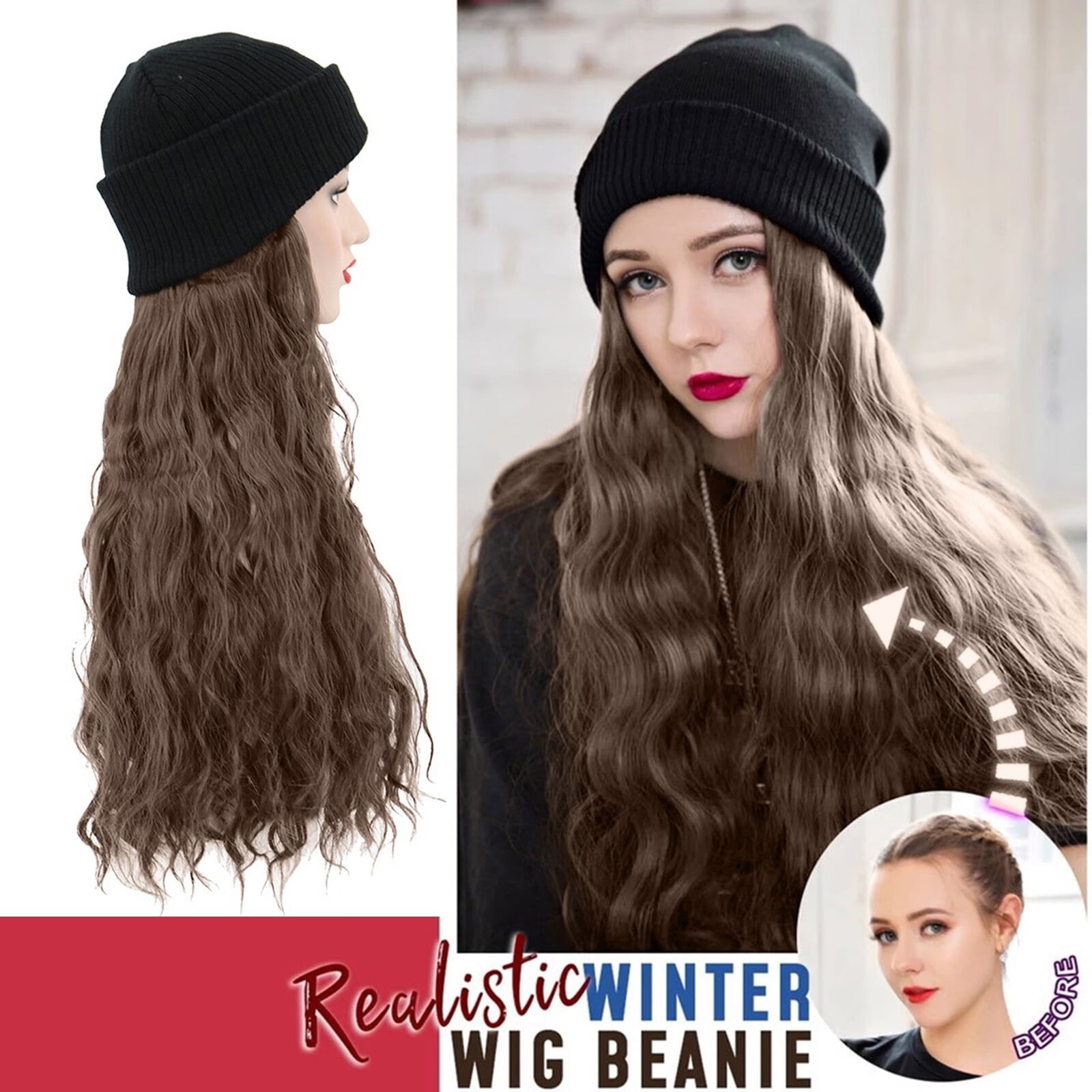 DOPI Long Curly Wig Hat Hooded Wig Winter Cap Caps Casual Women Wig ...