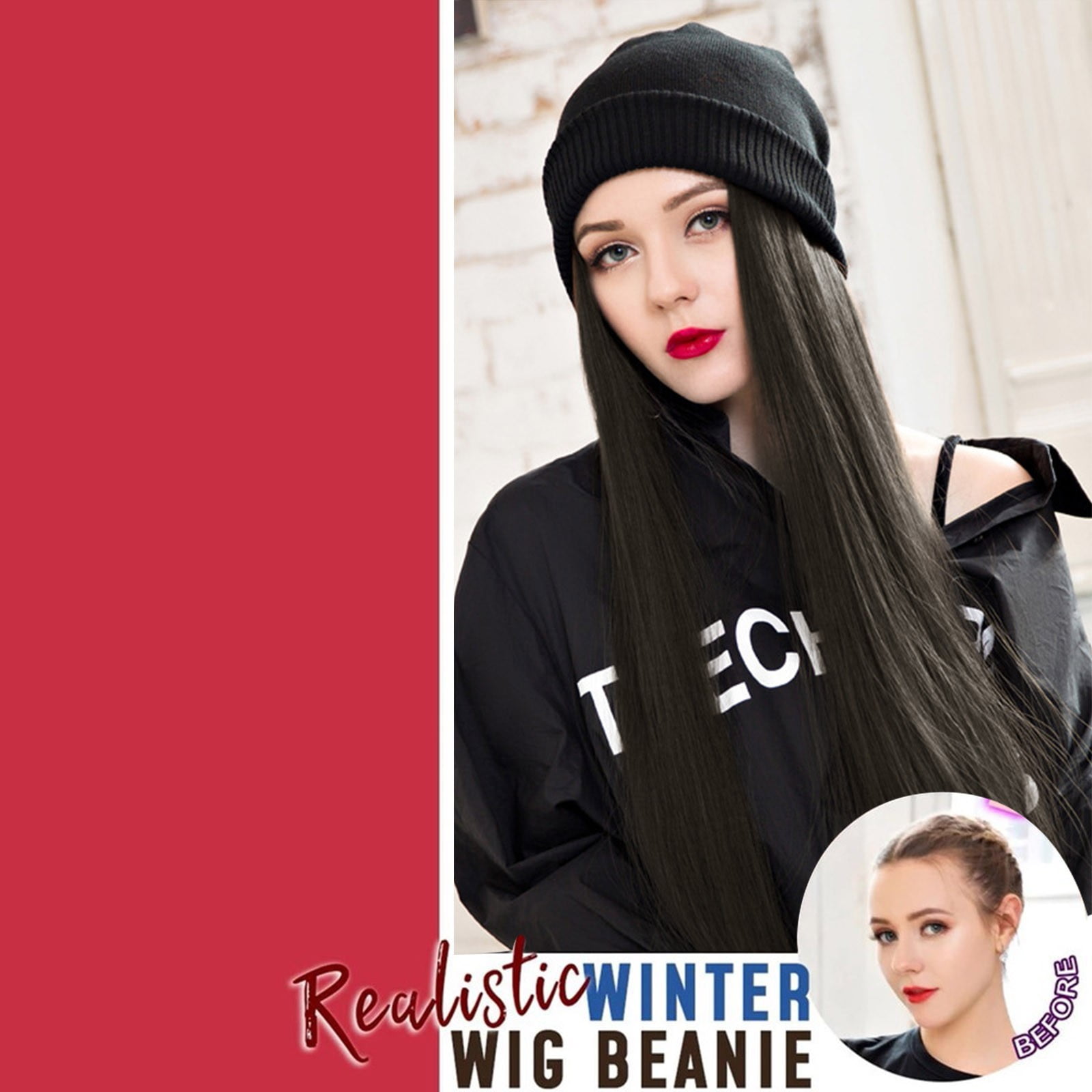 DOPI Long Straight Wig Hat Hooded Wig Winter Cap Caps Casual Women Wig ...