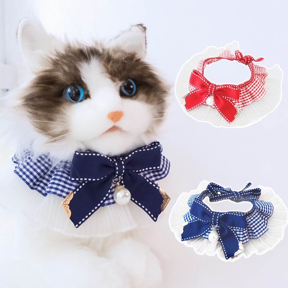 DOPI Pet Collar Plaid Pattern Dress-up Lace Cute Pet Cats Dogs Bowknot ...