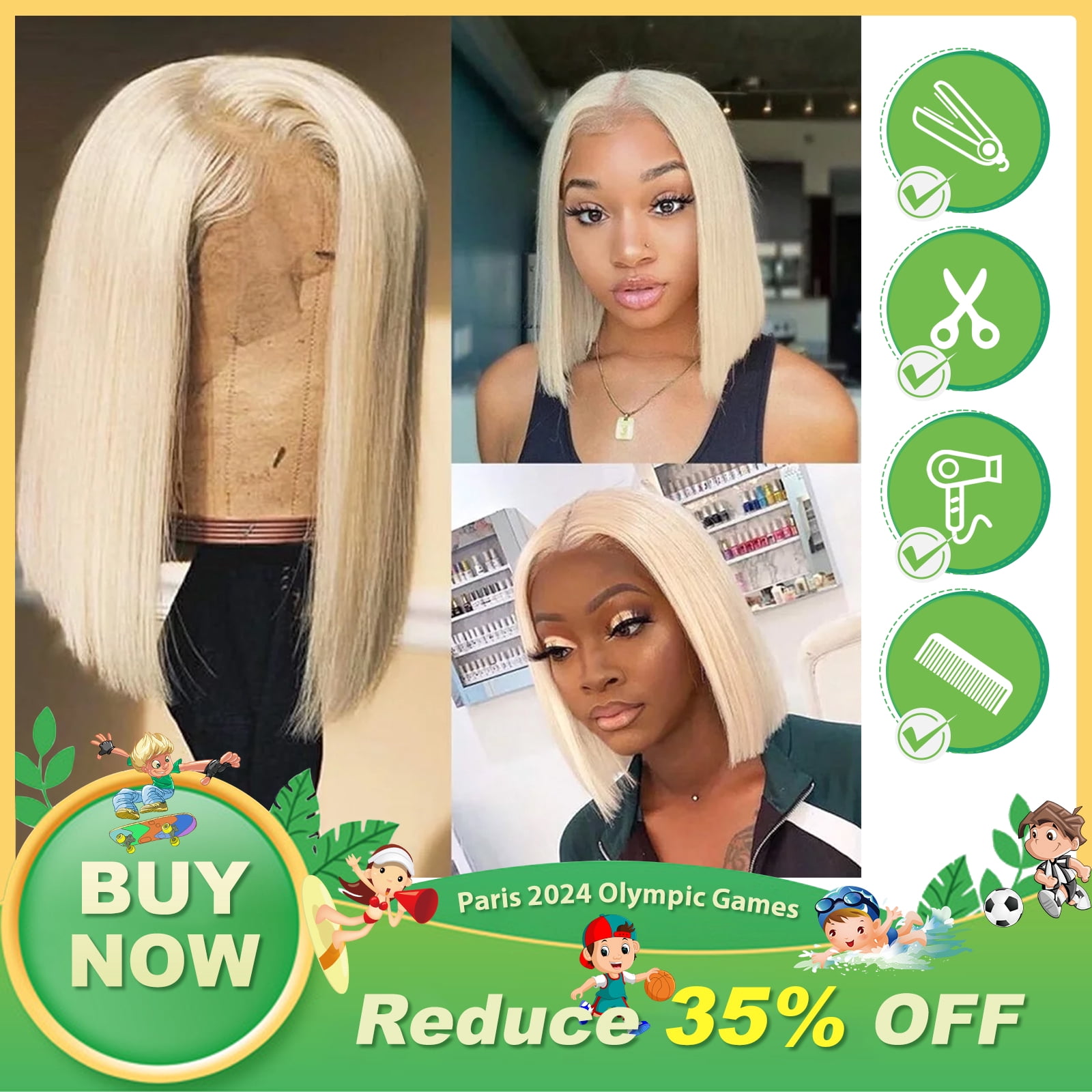 DOPI Plucked Bleached Knots Free Part 14 Inch Short Blonde Bob Wigs for ...